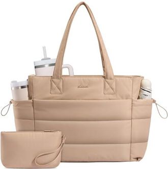 Lovevook Sac &agrave; Main Femme Grand Cabas Puffer Sacoche Ordinateur Portable pour Travail, Universit&eacute; Cours Voyage et Affaires (Rose kaki, 15,6 Pouces-2Pcs)