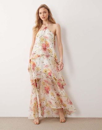 Asos Chiffon-Midikleid mit Blumenmuster in Rosa und Wei&szlig; und Neckholder-Tr&auml;ger-Bunt