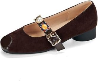 Generic Femmes Chic Bout Carré Mary Jane Flats Cheville Sangle avec Gem Boucle Décor Talons Bas Bloc Chaussures De Bureau Décontractées Élégantes,Marron,38.5 