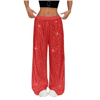 Generic Glitzer Hose Damen Pailletten Pailettenhose Weites Bein Hose High Waist Glitzerhosen Elegant Freizeithose Frauen Party Festival Club Hosen Gl&auml;nzende 7