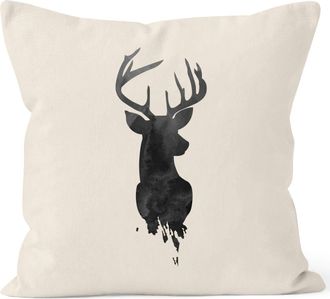 Autiga Kissenbezug Hirsch Geweih Kopf Deer Watercolor Polygon Tier Baumwolle quadratisch Natur Unisize