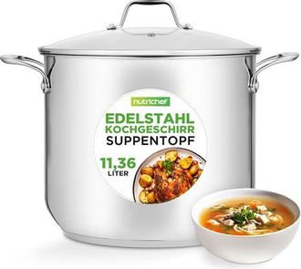 Nutrichef NutriChef Kochtopf Gro&szlig;, 11,5L- &Oslash; 26cm, Suppentopf Edelstahl Induktion f&uuml;r Alle Herdarten Geeignet, Kochtopf inkl. Glasdeckel, Hitzebest&auml;ndig bis 260 