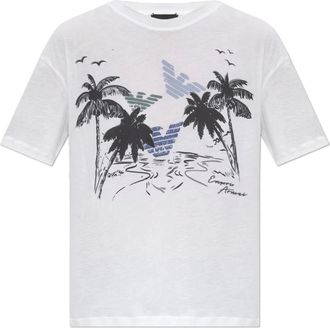 Emporio Armani Femme, Tops, Blanc, Taille: 42 FR T-shirt L&eacute;ger en Jersey avec Imprim&eacute; Multicolore