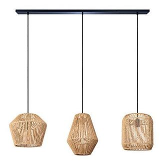 Paco Home Lampe Pendelleuchte H&auml;ngelampe Lampenschirm Rattan Optik 1,5m Textilkabel K&uuml;rzbar E27, Lampenschirm: Natur (&Oslash;28 + &Oslash;30 + &Oslash;33), Lampentyp: Schwarz 3-fla