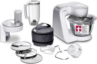 Bosch Küchenmaschine Serie 4, Edelstahl-Schüssel 3,9 L, Knethaken, Schlag- und Rührbesen Edelstahl spülmaschinenfest, Mixer 1,25 L, Durchlaufschnitzler, 3 S