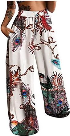 Generic Robes boh&egrave;me 2026 pour femmes avec pantalon haut imprim&eacute;, pantalon long, facile &agrave; porter, poches &agrave; la taille, plage, blanc, M