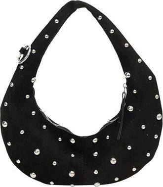 Generic Sac &agrave; bandouli&egrave;re en daim synth&eacute;tique clout&eacute; avec fermeture &eacute;clair et rivets demi-lune pour l&eacute;cole, le travail, un usage quotidien, Noir, 12.99x0.79x7