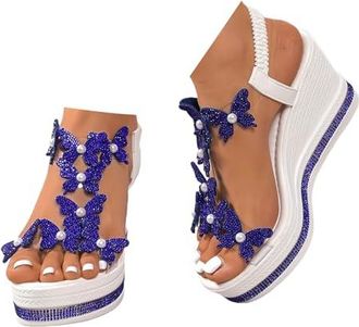 Generic Sandales compens&eacute;es pour femme - Motif papillon et strass &eacute;tincelants - Chaussures orthop&eacute;diques avec bride en T - Bout ouvert - Antid&eacute;rapantes - Styl