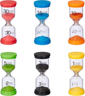 Relaxdays Sanduhren Set, 6-teilig, Kurzzeituhr, 1/3/ 5/10/ 15/30 Min, H x D: 11 x 4,5 cm, Eieruhr Sand, Kinder, bunt