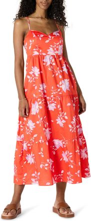 Amazon Essentials Damen Gestuftes Fit and Flare-Maxikleid aus Baumwollsatin mit Empire-Taille, Orange Lila Pastell Rosen Groß, XXS