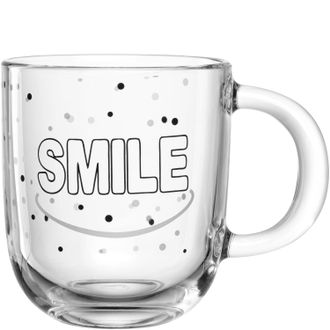 Leonardo Kaffeetasse - 400 ml - Schwarz - Transparent - Glas - mit Schriftzug Smile