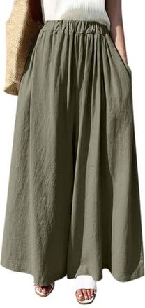 Onsoyours Pantalons Femme Lin Fluide Large Grande Taille Eté Décontractée Baggy Pantalon Taille Élastique Jupe-Culotte Fluide Pantalon Ample Léger Chic avec Poc