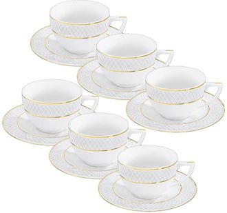 Wilmax England Wilmax - Tassen mit Untertassen - Goldmuster - 6er-Set - 240 ml - Kaffeetassen aus Porzellan - Wei&szlig; - Geschirrset f&uuml;r 6 Personen - Tassenset f&uuml;r Kaffe