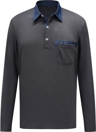 AlltheMen Polo à Poche Homme à Manches Longues Shirts Sport Casual Golf Chemises Boutonnée Regular Fit Gris S