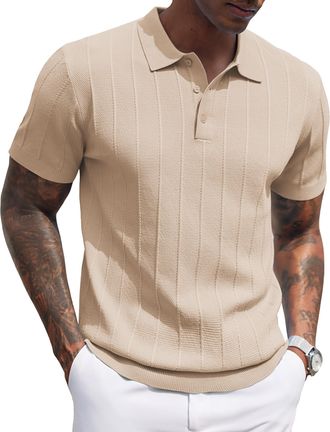 Coofandy Herren Poloshirt Regular Fit Kurzarm Strickpolo Retro Button Down Leicht Sommer T-Shirt Golf Freizeit Urlaub Khaki XXXL
