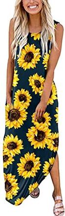 Generic Robes boh&egrave;me 2026 pour femmes, robe longue d&eacute;t&eacute; et de printemps, col rond, sans manches, poches longues fendues, d&eacute;bardeur de plage, jaune, M