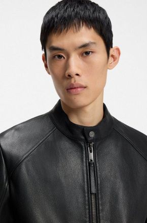 HUGO BOSS Lederjacke Likos Stehkragen mit Knopf, echtes Leder, Slim Fit