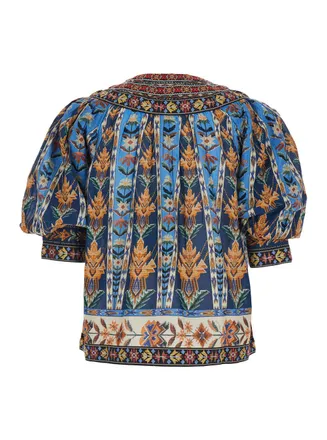 Farm Rio Womens Dress Embroidered Tapestry Blue Cotton Multicolour Blouses Shirt