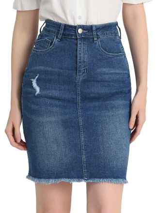 Allegra K Damen Jeansrock Knielang Hohe Taille Gerader Rock Ripped Saum R&ouml;cke Vintage Blau XS