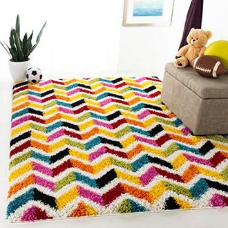 Safavieh Kids Shag Collection Tapis décoratif - 0,9 x 1,5 m, Ivoire et Multicolore, Motif Arc-en-Ciel, ne perd Pas Ses Poils et Facile dentretien, 5,1 cm dépai