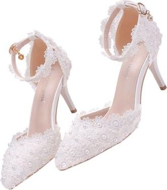 Beaupretty Yardenfun Chaussures de Mari&eacute;e &agrave; Bout Effil&eacute; en Dentelle Blanche Sandales &agrave; Talons Aiguilles de 75 CM Bride Unique Ajustable &Eacute;l&eacute;gantes Chaussures de F