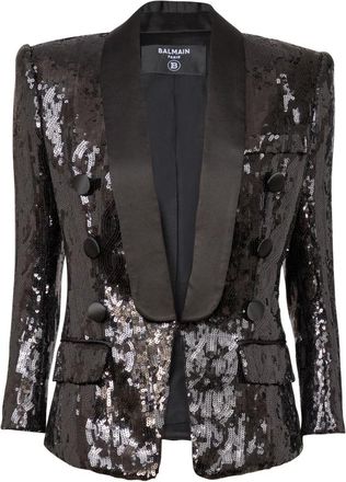 Balmain V-Ausschnitt Glitzer Satin Taillierter Blazer - - Jackets - Damen - Schwarzk - S