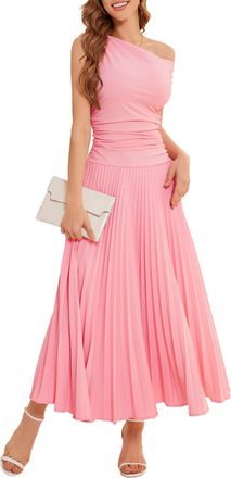 Bbonlinedress Formelles Maxi-Cocktailkleid mit Einer Schulter, plissiert, f&uuml;r Damen, Hochzeit, Gast, Sommer, Alltag, langes Partykleid, Pink, X-Gro&szlig;