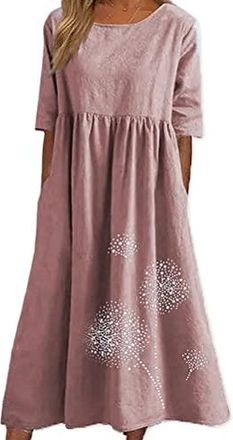 Onsoyours Femme Robe Dété Lin Ample Sport Décontractée Été Élégant Loisirs Vintage Robe Lâche Robe col Rond avec Poche Robe de Couleur Unie Midi Robe B Rose M