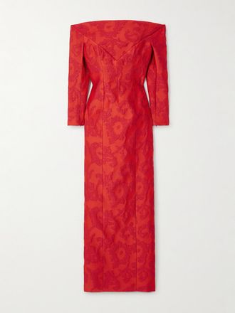 Emilia Wickstead Robe Longue Épaules Nues En Jacquard Bouclé Zarit - Rouge