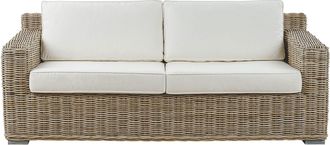Beliani Klassisches Gartensofa Hellbraun mit Auflagen in Cremewei&szlig; Rattan 2-Sitzer Ardea