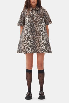 Ganni gemischt Minikleid aus Denim mit Leopardenprint Bio-Baumwolle - Gr&ouml;&szlig;e 32