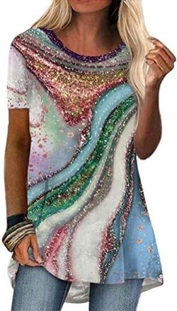 ORANDESIGNE T-Shirt Long Femme à Manche Courte T-Shirt Col Rond Blouse Eté Ample Casual Tops Imprimé Ethnique Colorées Tee Shirt Mode Tops T-Shirt Lâche Haut Long