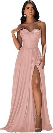 Generic Robes de bal en satin longue sans bretelles avec poches, corset trap&egrave;ze, robes de soir&eacute;e formelles avec fente, rose, 10XL Grande taille