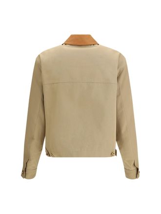 Versace Contrast Leather Collar Cotton Jacket - Beige