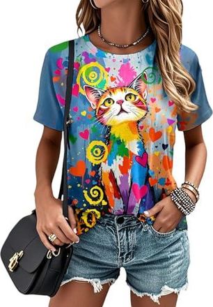 Generic Chemises de Saint-Valentin pour femmes - Imprim&eacute; chat mignon - T-shirt &agrave; manches courtes et col rond avec motif damour, pour rendez-vous, f&ecirc;te de vaca
