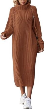 ORANDESIGNE Robe Pull Femme Robe en Tricot &agrave; Manches Longues El&eacute;gant Col Roul&eacute; Pull Sweater Robe Casual Robe Automne Hiver Tunique Chic Midi Robe A Marron M