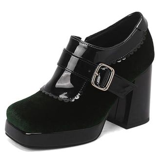 Generic Eestfy Escarpins à Plateforme Mary Jane Femme Bicolore en Velours avec Brides en Cuir Verni, Bout Carré et Talon Haut Épais,Vert,37 EU