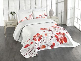 Abakuhaus Chinesisch Tagesdecke Set, Floral Petal Ornaments, Set mit Kissenbez&uuml;gen Moderne Designs, f&uuml;r Doppelbetten 264 x 220 cm,Wei&szlig; Rot