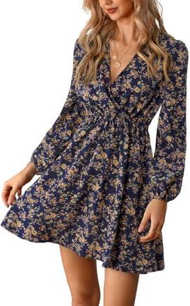 Cupshe Cupshe Robe trapèze portefeuille, à col en V, surplis et manches longues, décontractée et courte, motif floral, pour femmes, Multicolore, XL