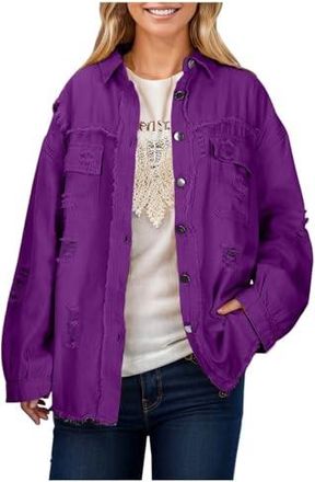 Generic Vestes classiques pour femmes, veste en jean de couleur unie, mi-longue, style vieilli, &agrave; manches longues, manteau en jean d&eacute;contract&eacute; 2026, violet, X