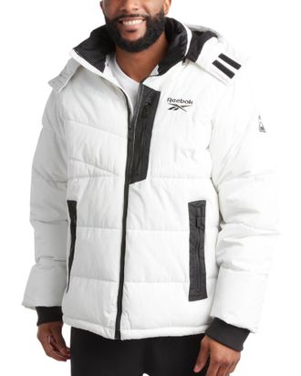 Reebok Herren-Winterjacke, wasserabweisend, schwerer Puffermantel mit Kapuze, gesteppt, isoliert, warm, Wintermantel f&uuml;r Herren, Weiss/opulenter Garten, L