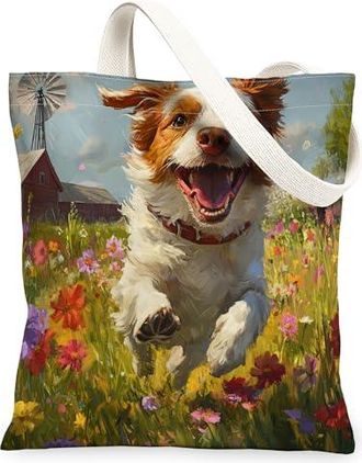 Generic Spring Brittanys Sac fourre-tout en toile r&eacute;utilisable pour faire du shopping, 33 x 38,1 cm, motif chiot de campagne, sac d&eacute;picerie pour femme, motif 