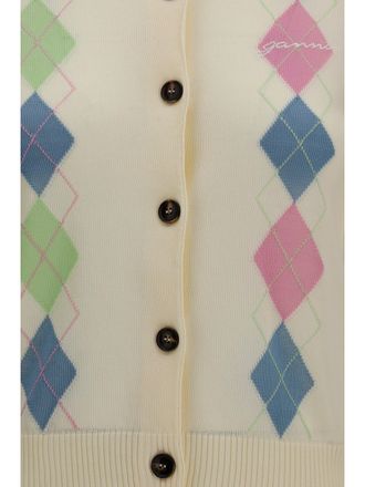 Ganni Womens Cardigan Diamond-Pattern Egret Cotton Sweater