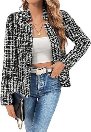 Generic Blazer en tweed &agrave; carreaux pour femme, blazer de travail &eacute;l&eacute;gant &agrave; manches longues, cardigan &agrave; col crant&eacute;, noir/blanc, XL