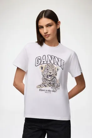 Ganni T-shirt basique en jersey blanc avec l&eacute;opard Multicolore Coton biologique - Taille XL - Pour Femme