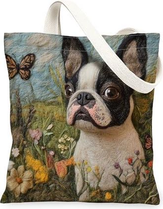 Generic Sac fourre-tout en toile motif terrier de Boston pour le shopping, 33 x 38,1 cm, sac d&eacute;picerie r&eacute;utilisable pour femme, peinture danimaux domestiques,