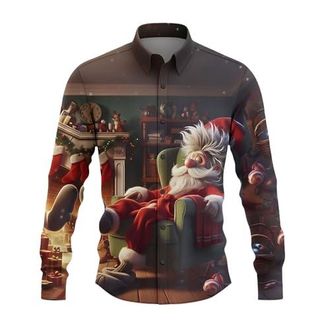 Generic Chemises de Noël pour homme - Motif Père Noël amusant - Chemisier décontracté à manches longues - Chemise boutonnée - T-shirt pour homme - Coupe droit