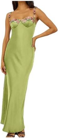 Generic Robe longue moulante en satin à bretelles spaghetti pour femme - Sans manches - Invité de mariage - Élégante robe de soirée pour femme, vert, M