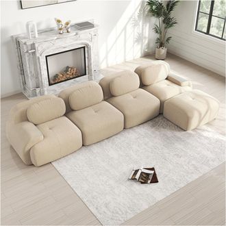 Generic Modulares Schlafsofa mit Ottomane, 3-Sitzer, modulares Cord-Sofa, ohne Montage, for Wohnzimmer, rahmenloses Sofa, mit gebogenen Armlehnen(Beige.,4S+1)