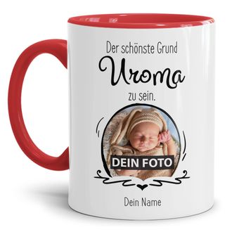 Tassendruck Tasse mit Spruch - Der sch&ouml;nste Grund Uroma zu sein - Personalisierbare Keramiktasse mit Namen und Foto - Geschenk Uroma - Innen & Henkel Rot, 300 ml
